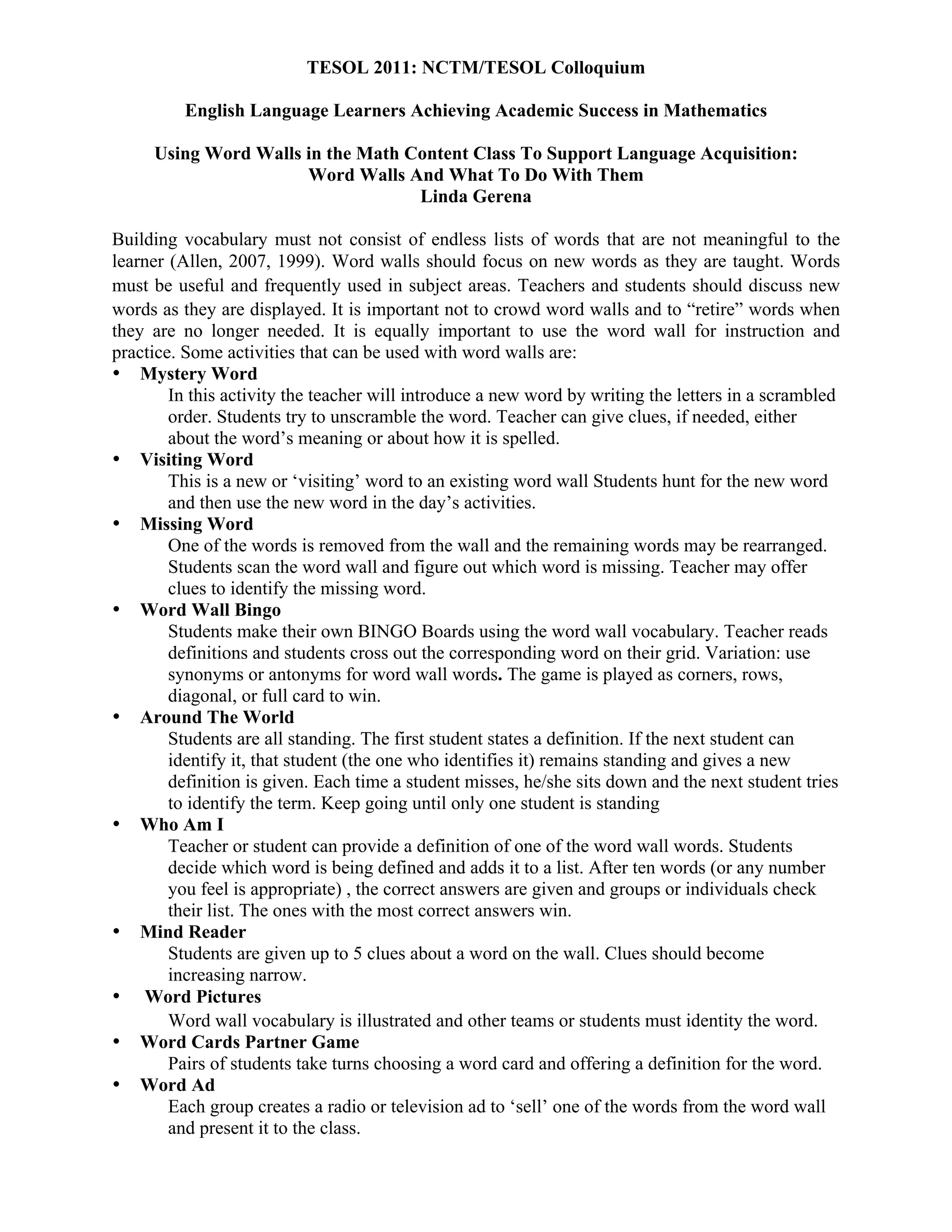 Word walls in math outline tesol nctm | PDF