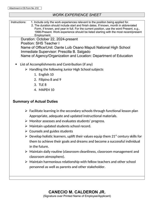 WORK-EXPERIENCE-SHEET. for PERSONAL docx | PDF