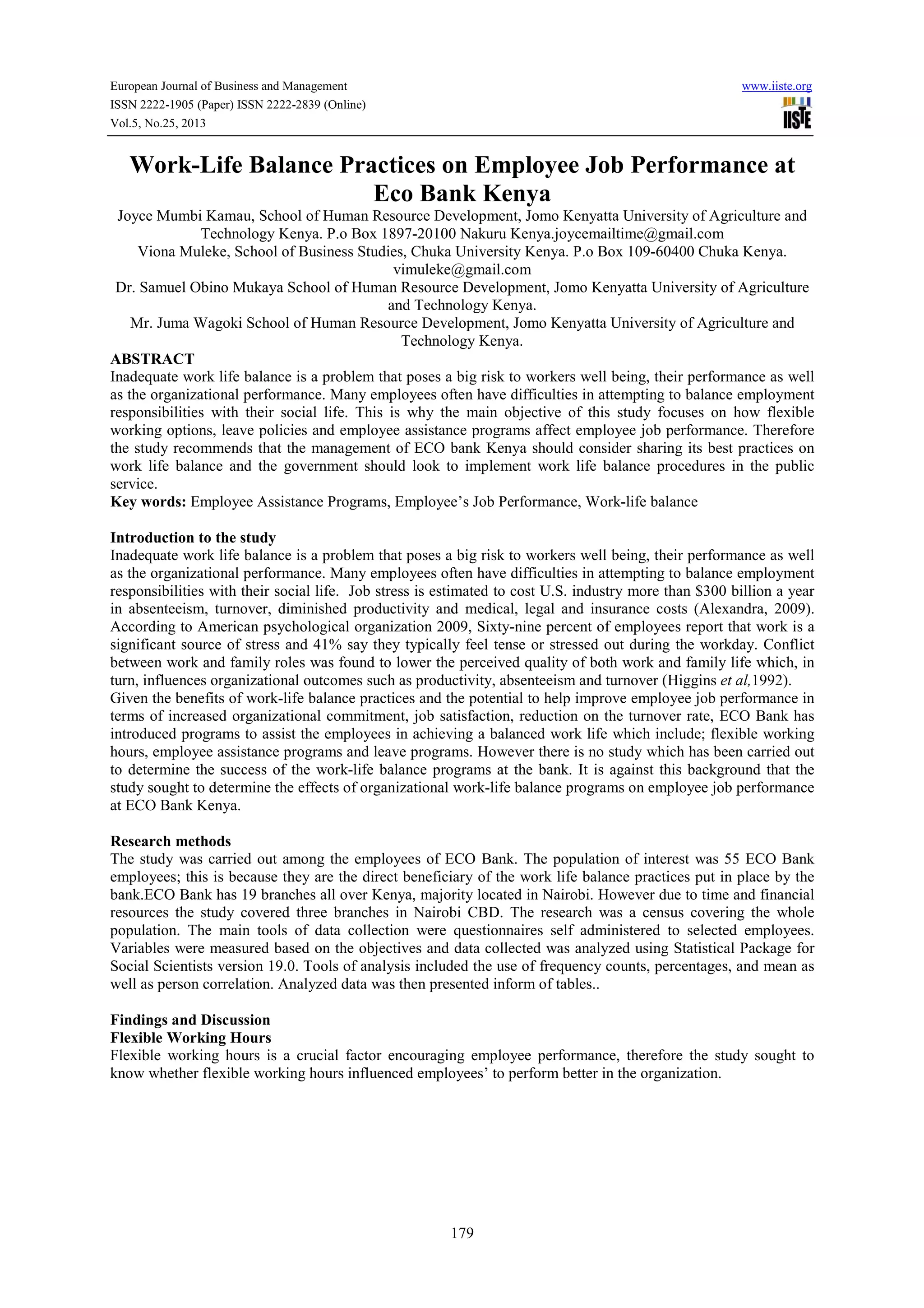 Work life balance practices on employee job performance at eco bank kenya | PDF