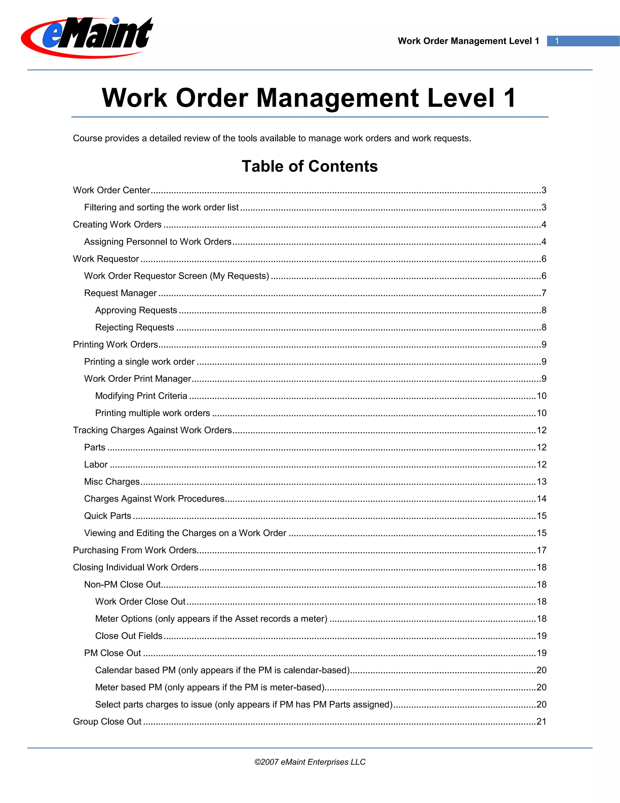 Work Order Level 1 | PDF