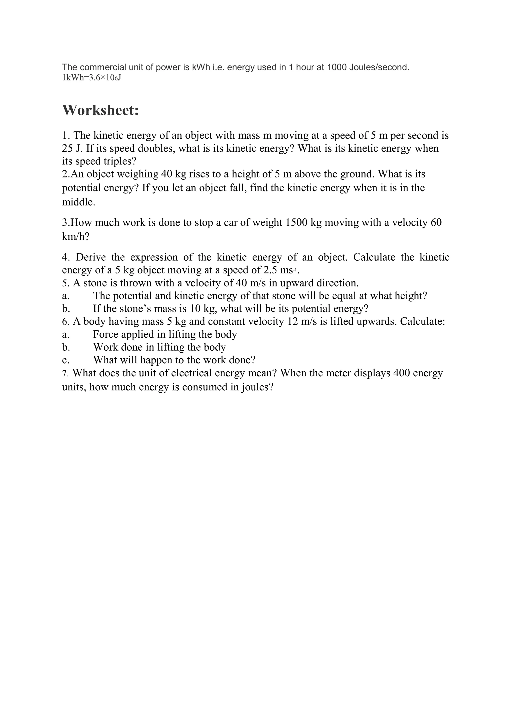 Work and energy notes and worksheet pdf. | PDF