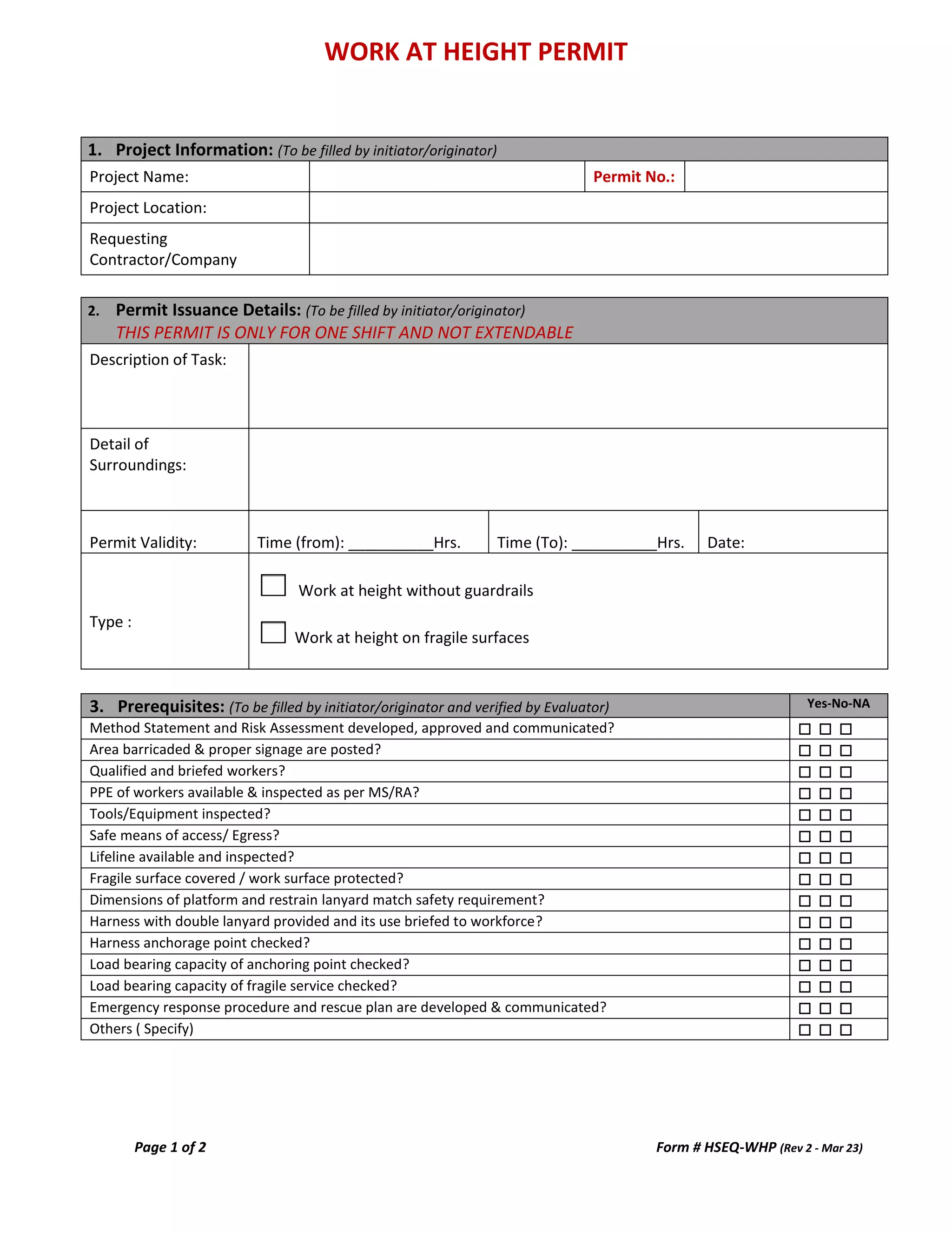 WORK AT HEIGHT PERMIT Form # HSEQ - WHP Rev.docx