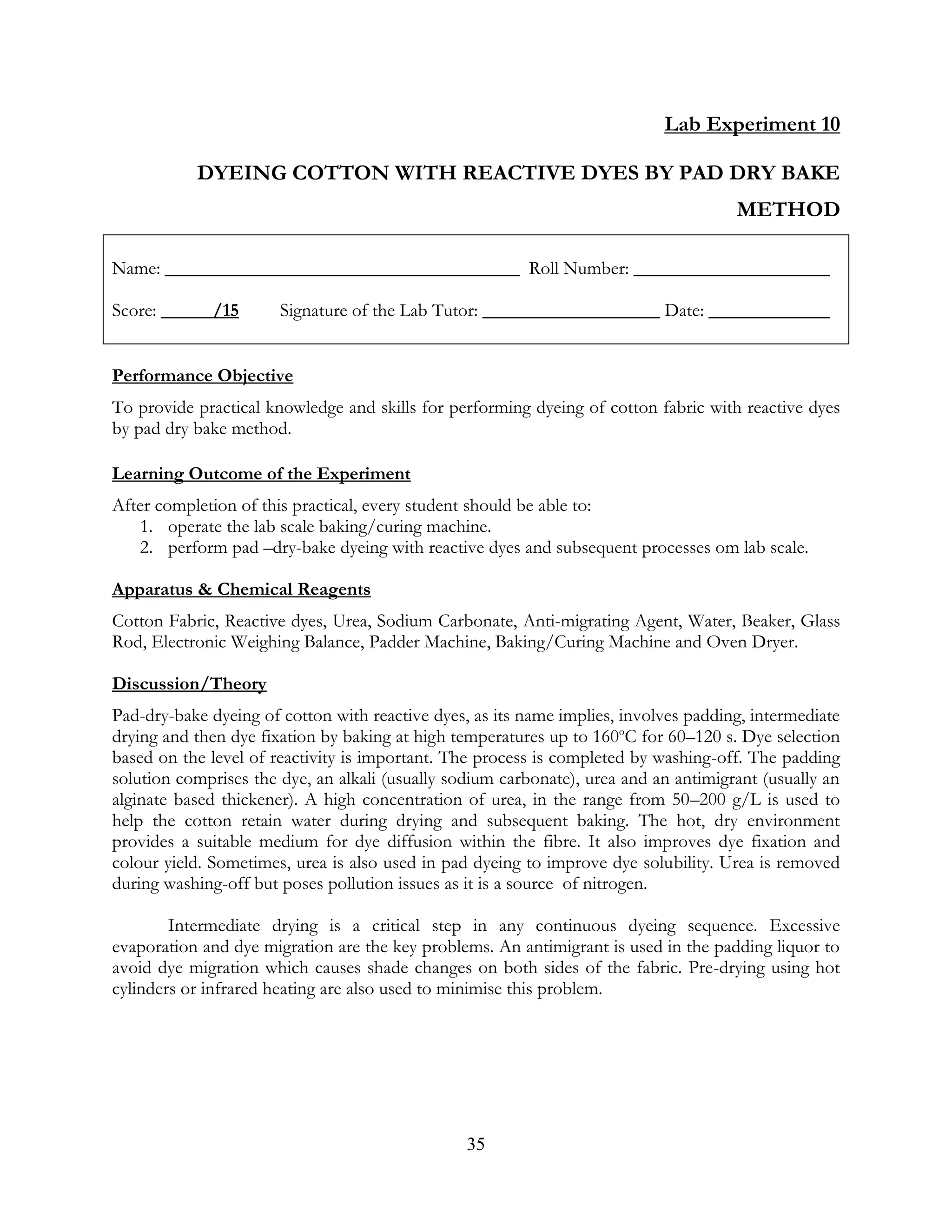 Workbook - Textile Dyes and Dyeing - 19TE39 | PDF
