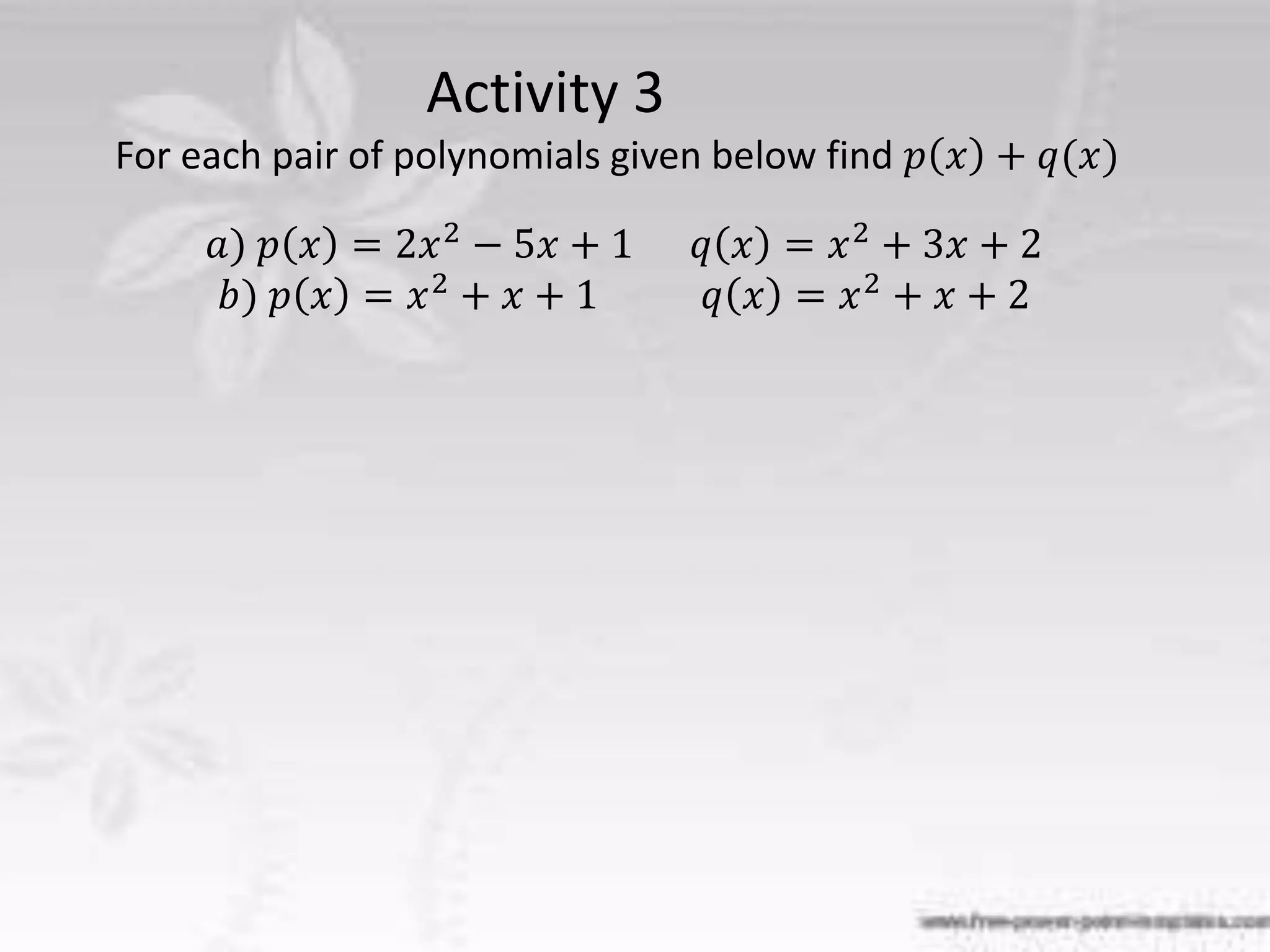Work book on POLYNOMIALS | PPT