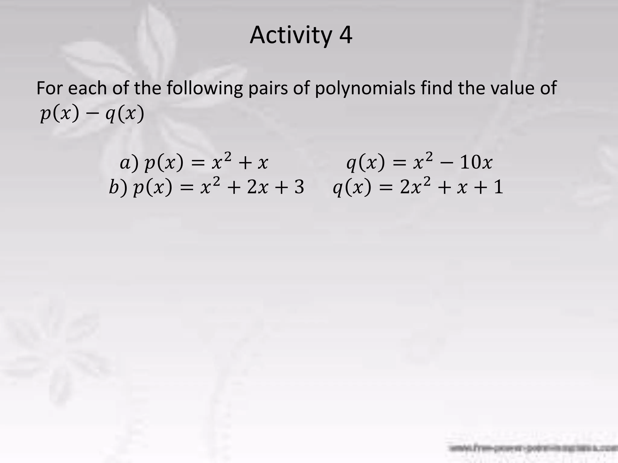 Work book on POLYNOMIALS | PPT
