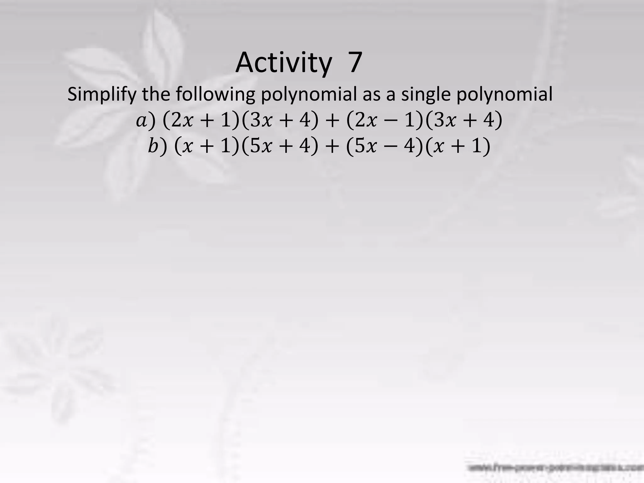 Work book on POLYNOMIALS | PPT
