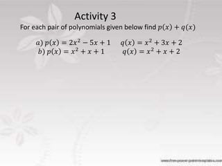 Work book on POLYNOMIALS | PPT