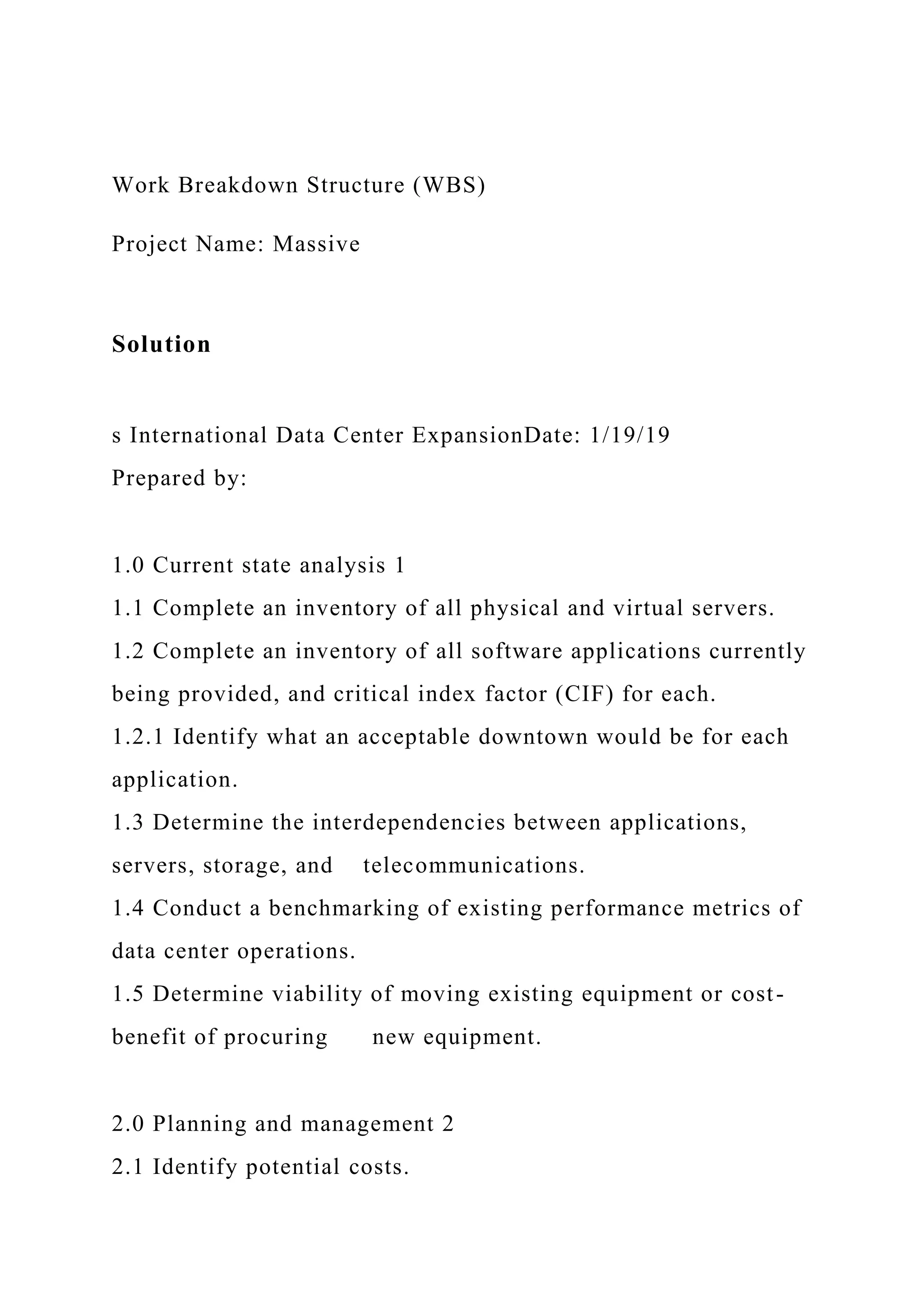 Work Breakdown Structure (WBS)Project Name Massive Solutions .docx | Data Storage and ...