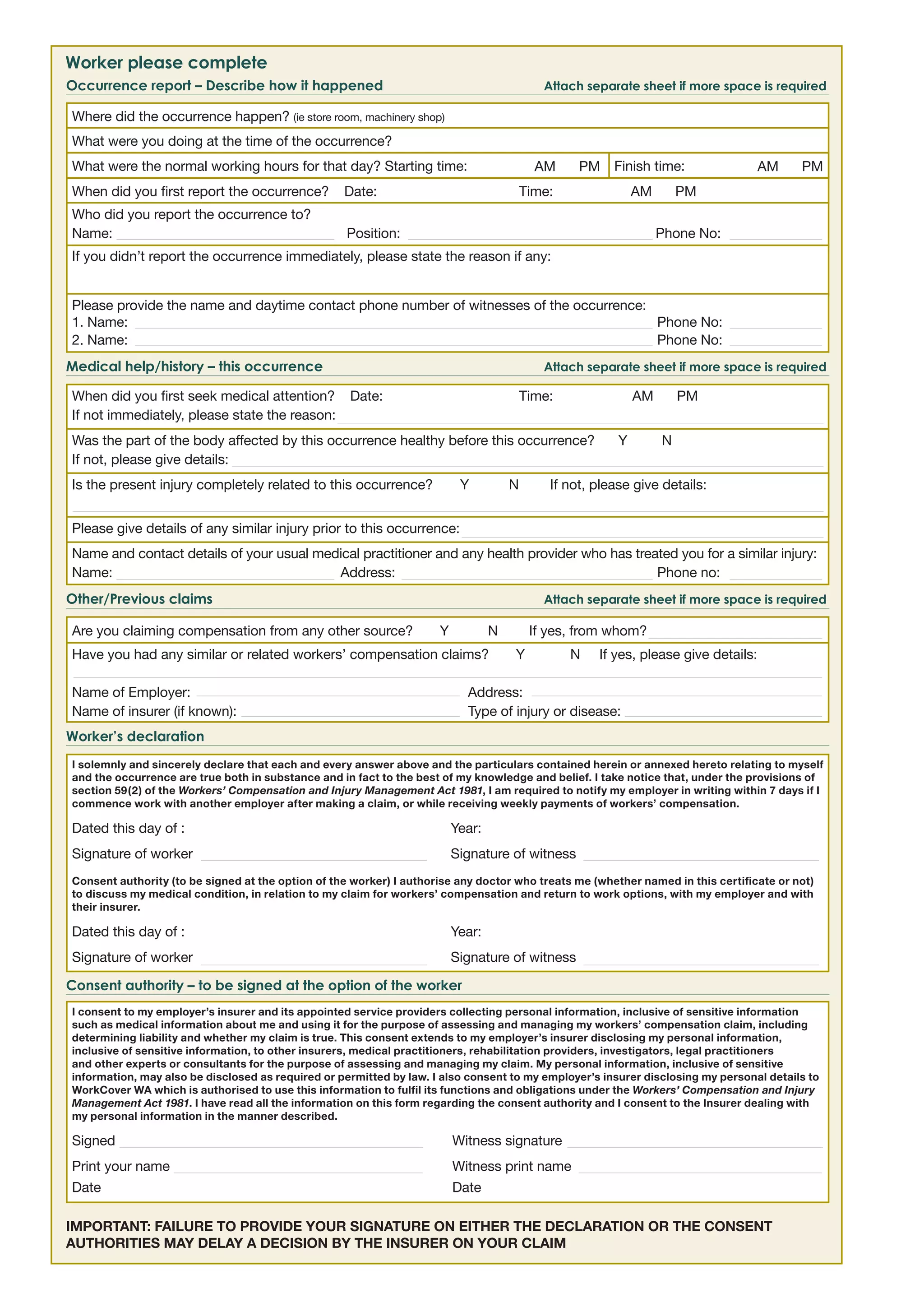 Workers Compensation, WorkCover WA 2b Claim Form | PDF