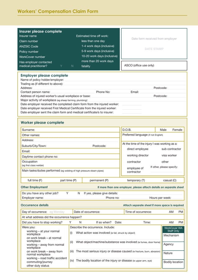 Workers Compensation, WorkCover WA 2b Claim Form | PDF