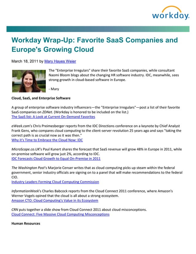 Workday Wrap-Up: Favorite SaaS Companies and Europe's Growing Cloud Blog | PDF