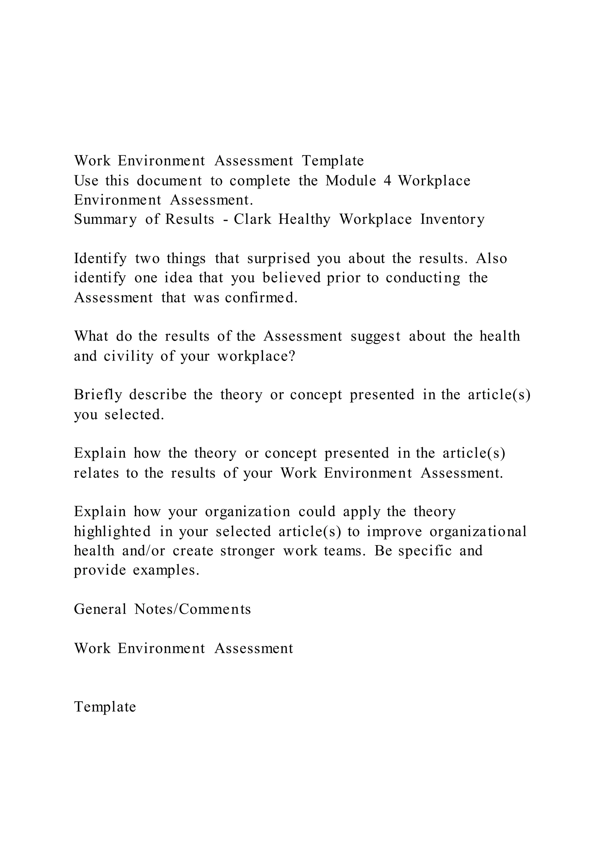 Work environment assessment template use this document to com | PDF
