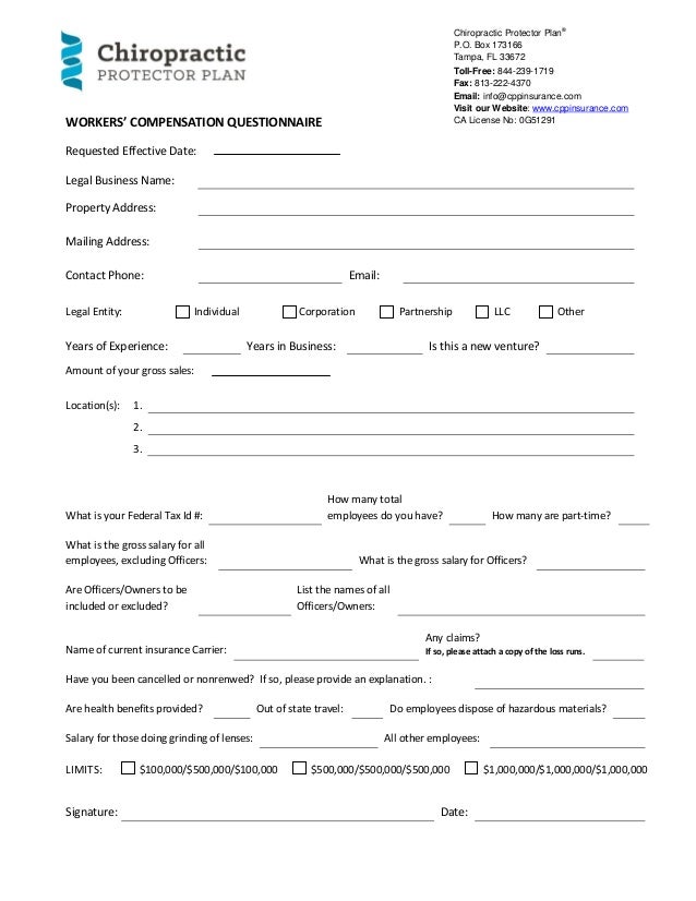 Workers Compensation Questionnaire - Chiropractic Insurance Workers Compensation Questionnaire - Chiropractic Insurance