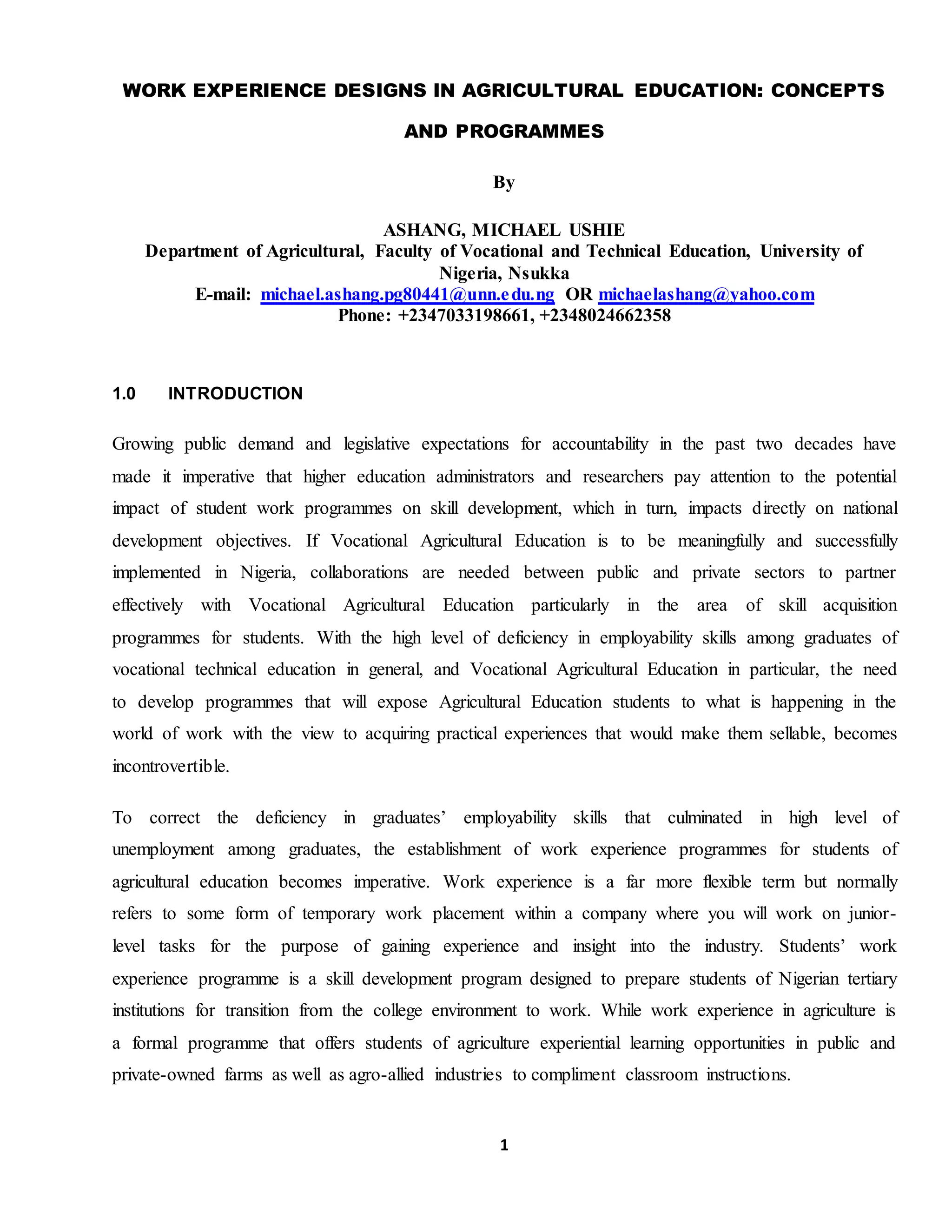 WORK EXPERIENCE DESIGNS IN AGRICULTURAL EDUCATION: CONCEPTS AND ...