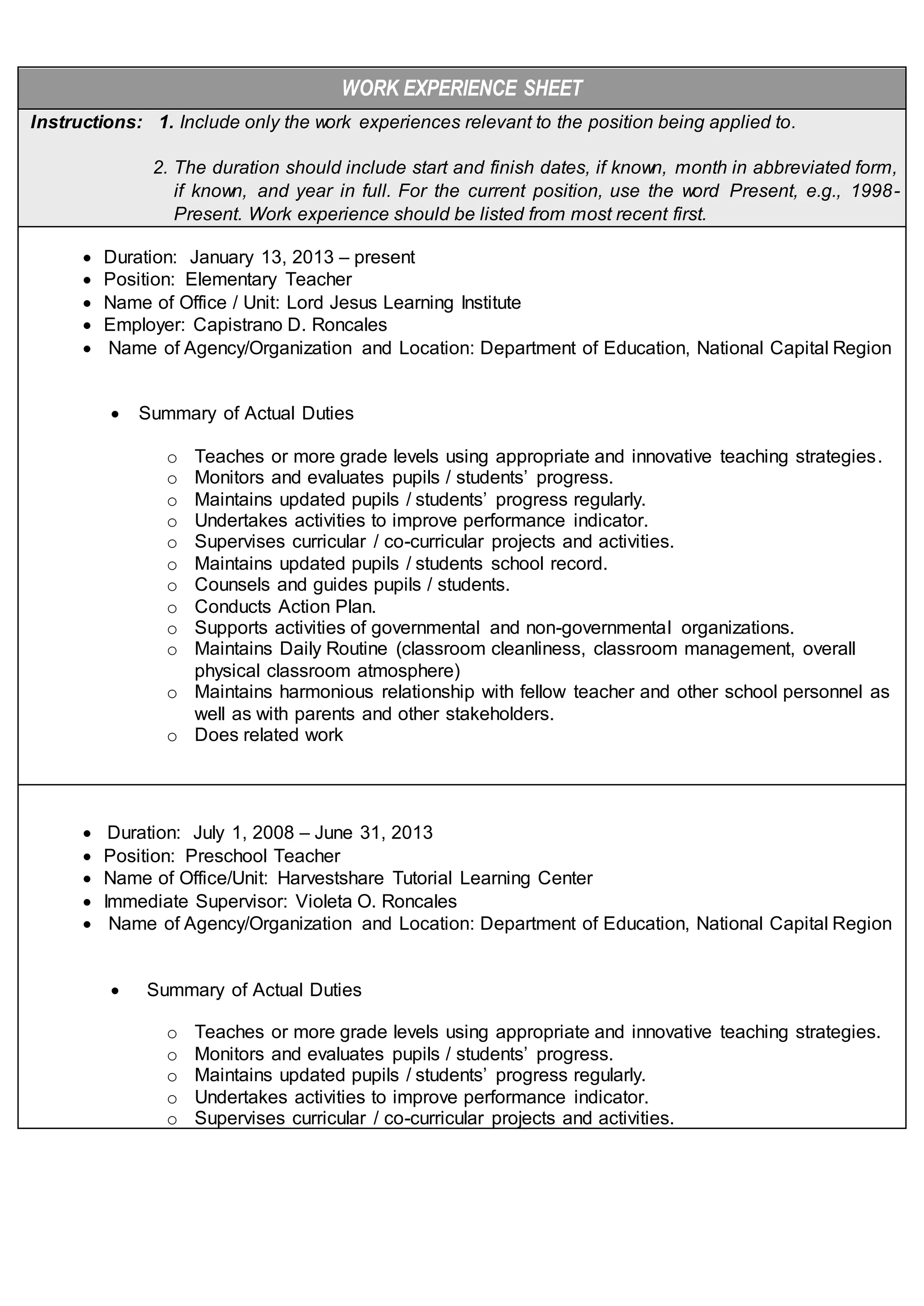 Work experience sheet jinilin | DOCX