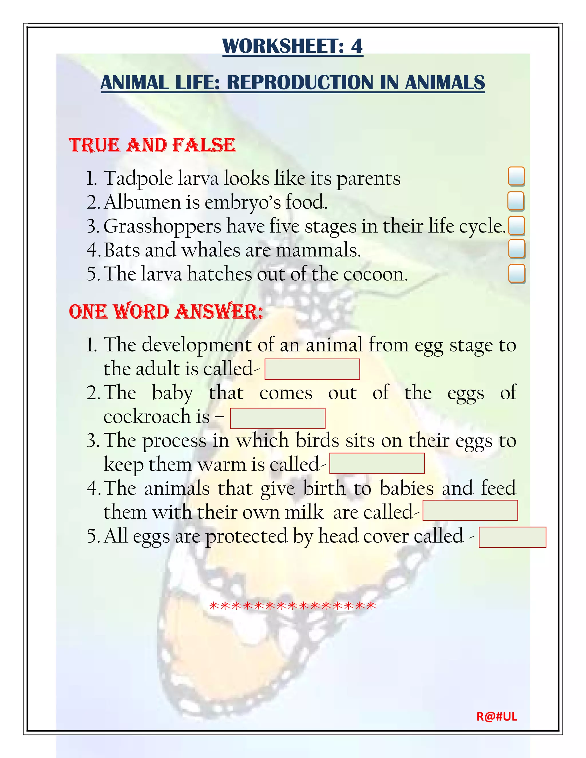 Reproduction in animals-WORKSHEET | PDF