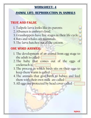 Reproduction in animals-WORKSHEET | PDF