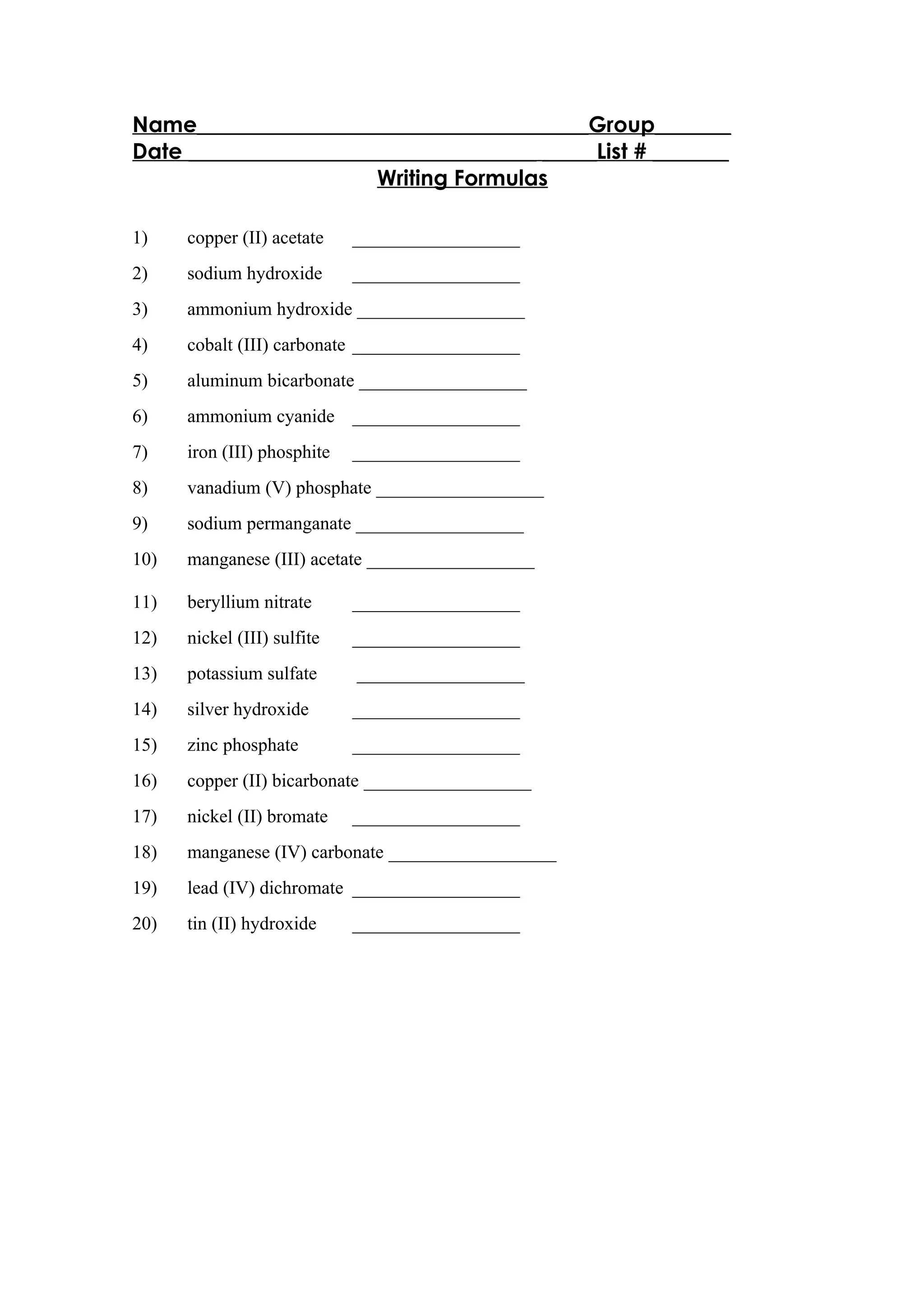 Workhseet writing formulas with polyatomic ions | DOC