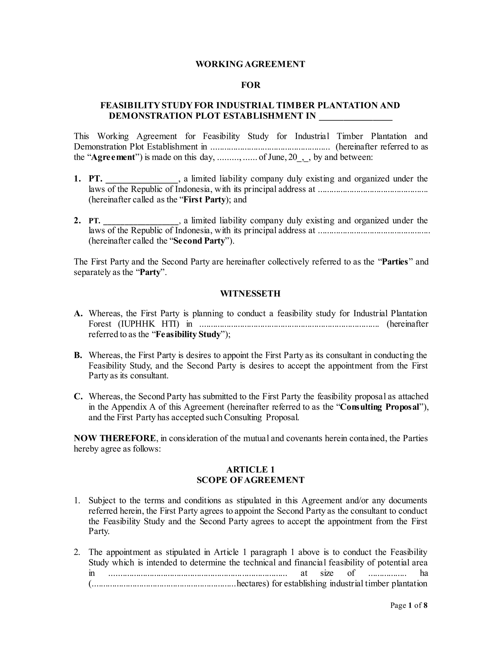 Working Agreement of FEASIBILITY STUDY FOR INDUSTRIAL TIMBER PLANTATION ...