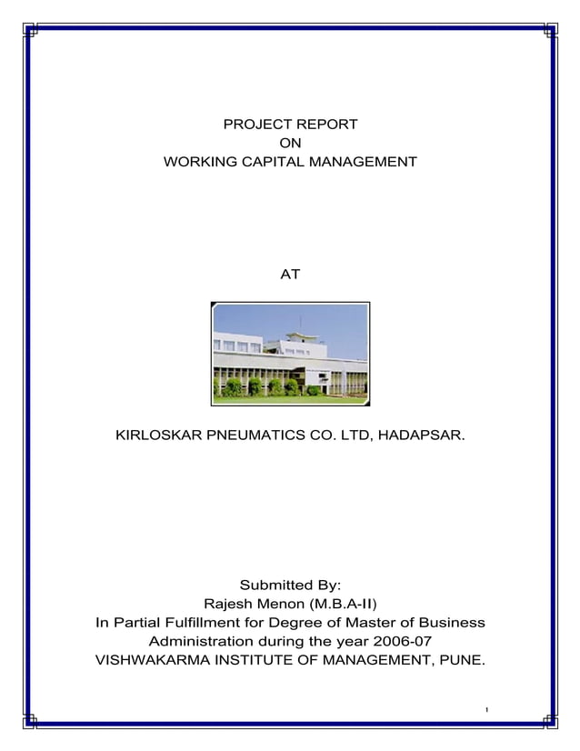 Working capital management at kirloskar pneumatics co. ltd. by rajesh menon | PDF