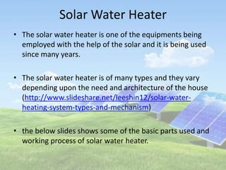 solar power system parts and working of solar water heater | PPTX