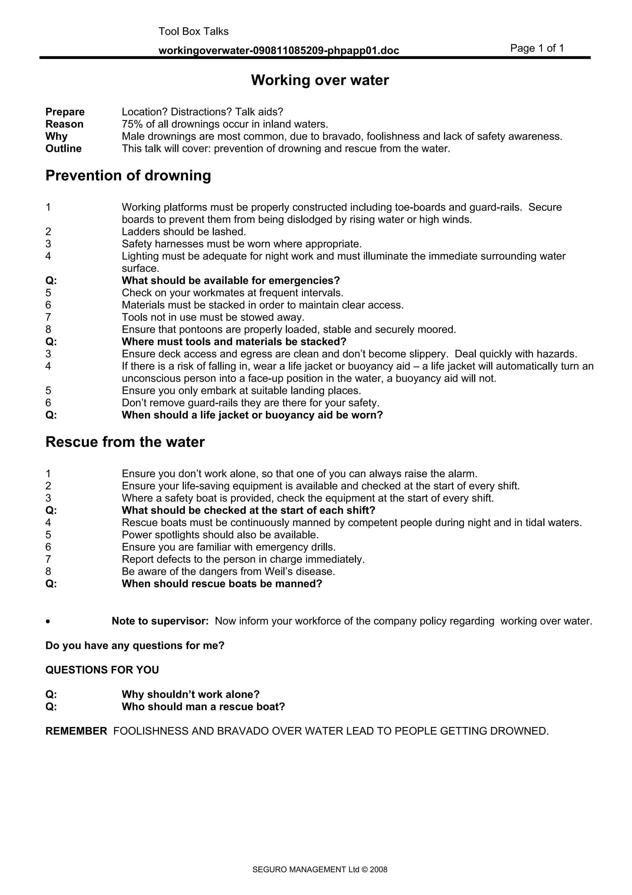 Working Over Water | DOC