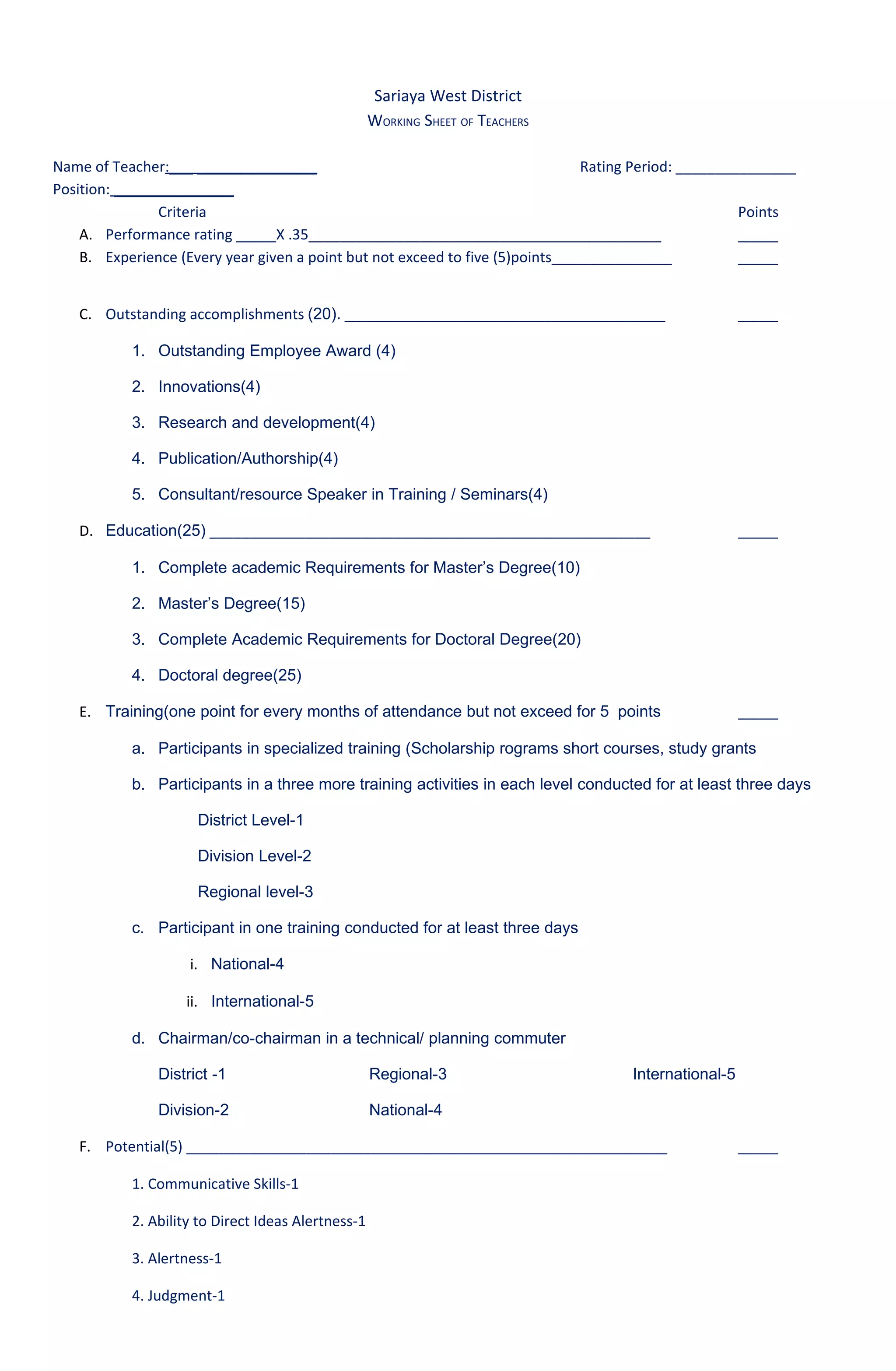 Working sheet teacher | PDF