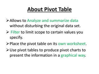 MS-Excel Working with Pivot Table | PPTX