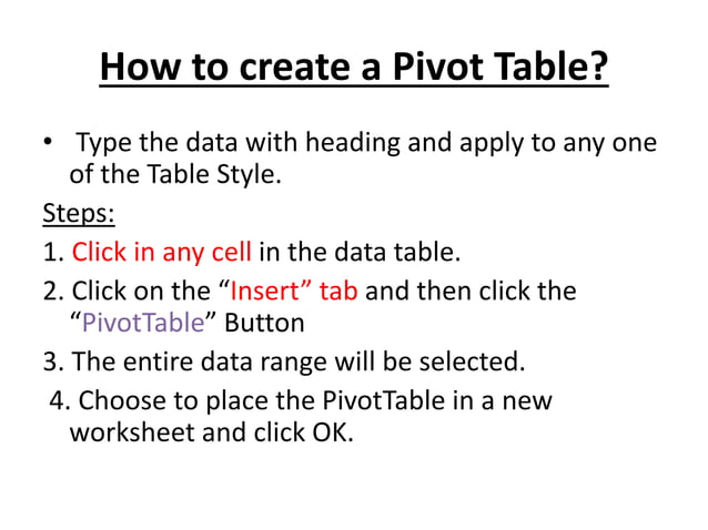 MS-Excel Working with Pivot Table | PPT