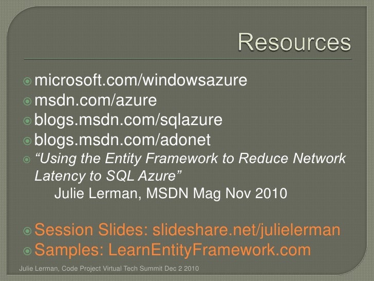 Working With Sql Azure From Entity Framework On Premises Julia Lerma