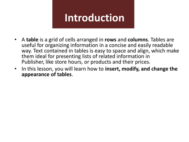 Working with tables | PPTX | Desktop Publishing | Computer Software and Applications