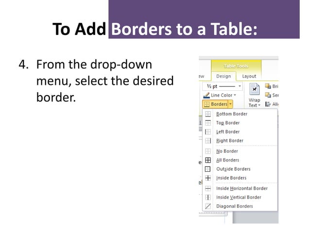 Working with tables | PPTX | Desktop Publishing | Computer Software and Applications