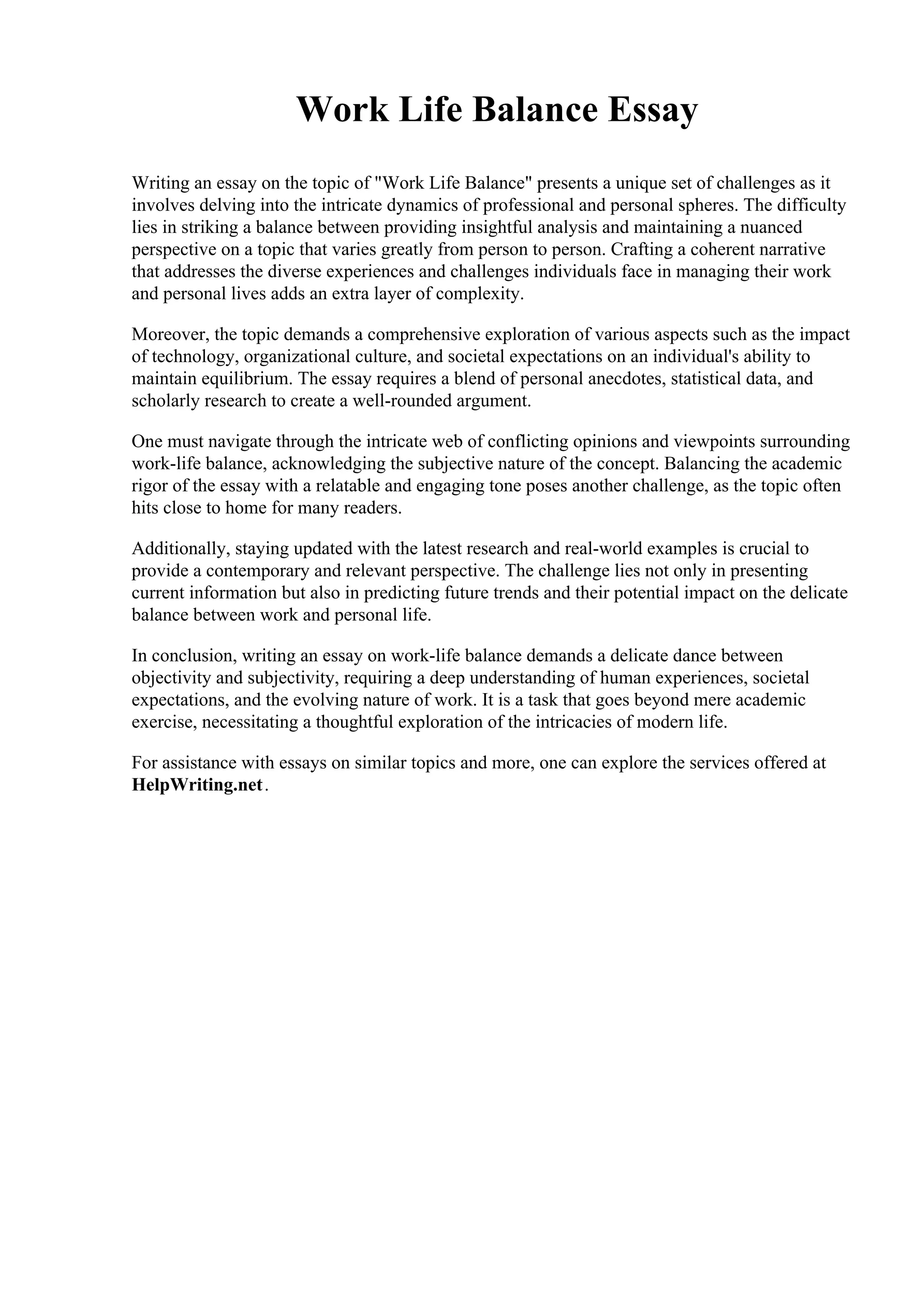 Work Life Balance Essay. University of Wyoming | PDF