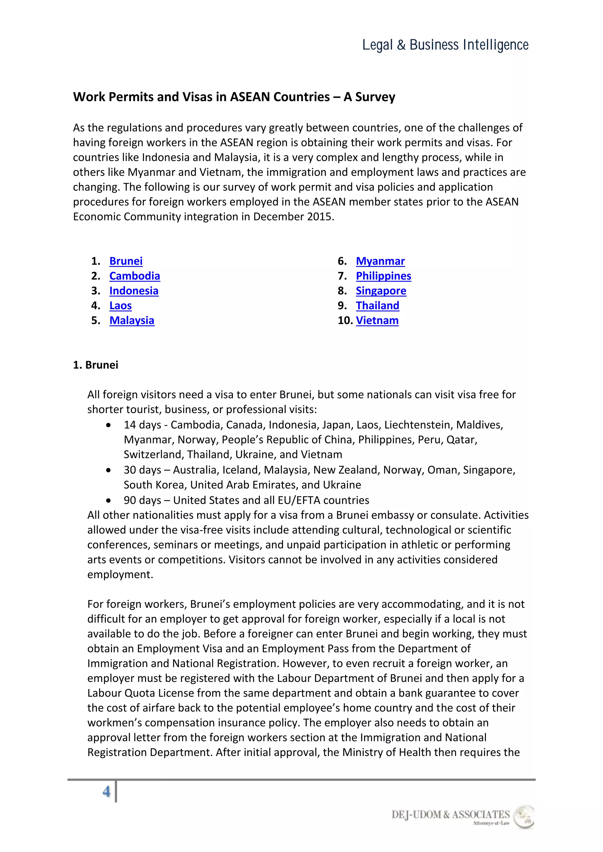 Work Permits and Visas in ASEAN Countries | PDF