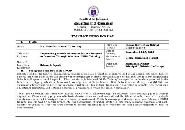 Workplace-Application-Plan-WAP-DRRM.docx | Education