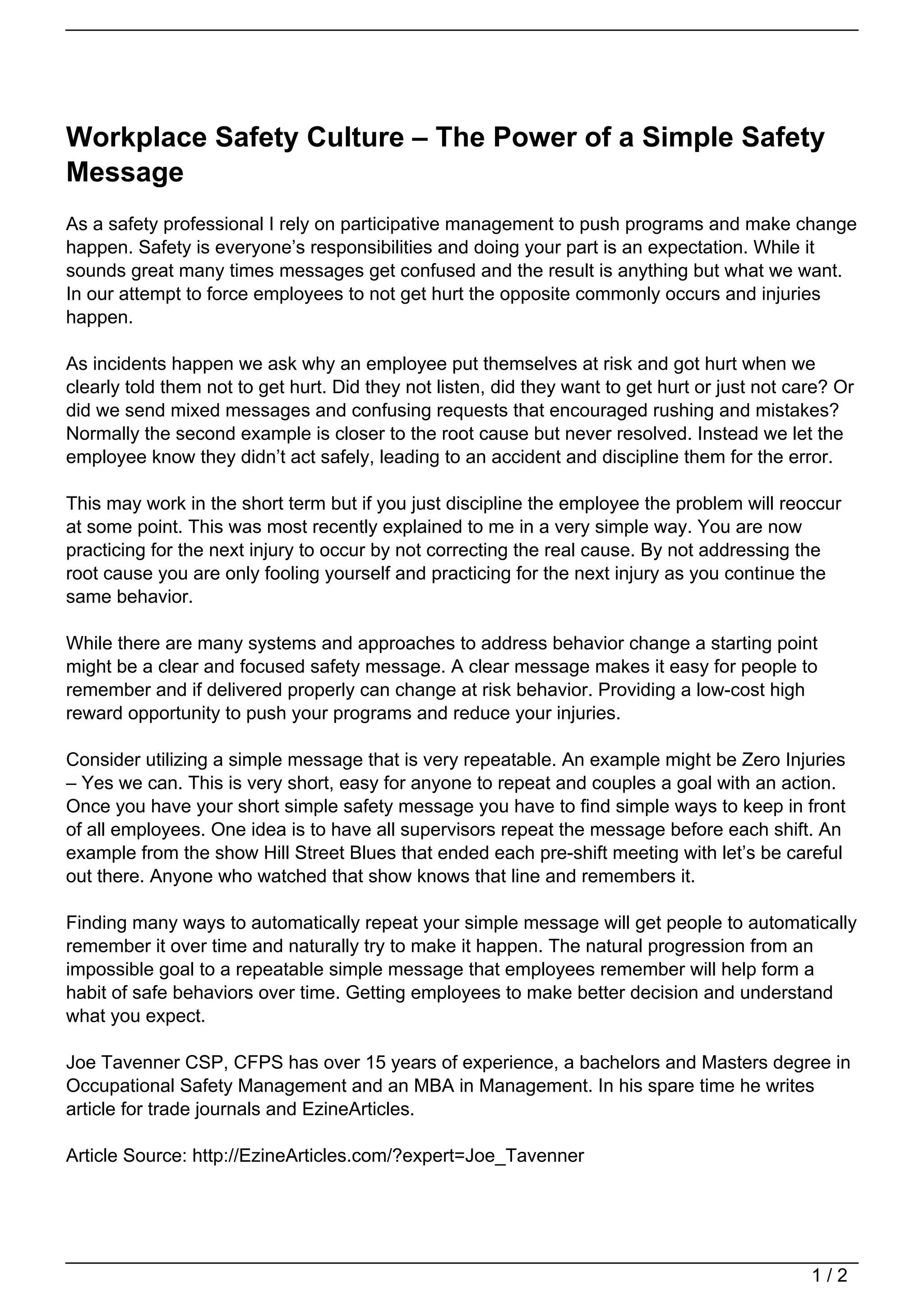 Workplace Safety Culture – The Power of a Simple Safety Message | PDF