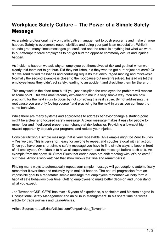 Workplace Safety Culture – The Power of a Simple Safety Message | PDF