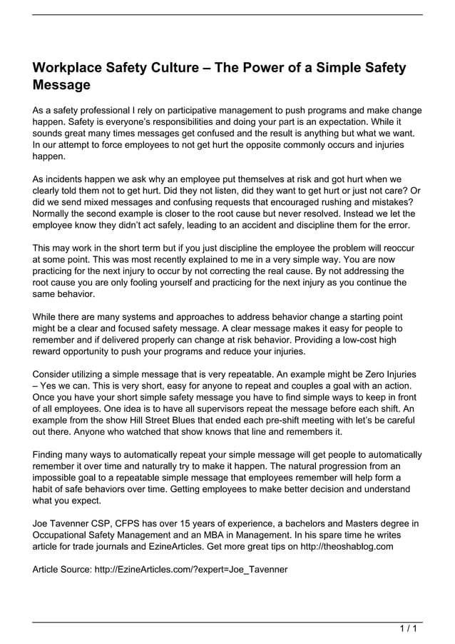 Workplace Safety Culture – The Power of a Simple Safety Message | PDF