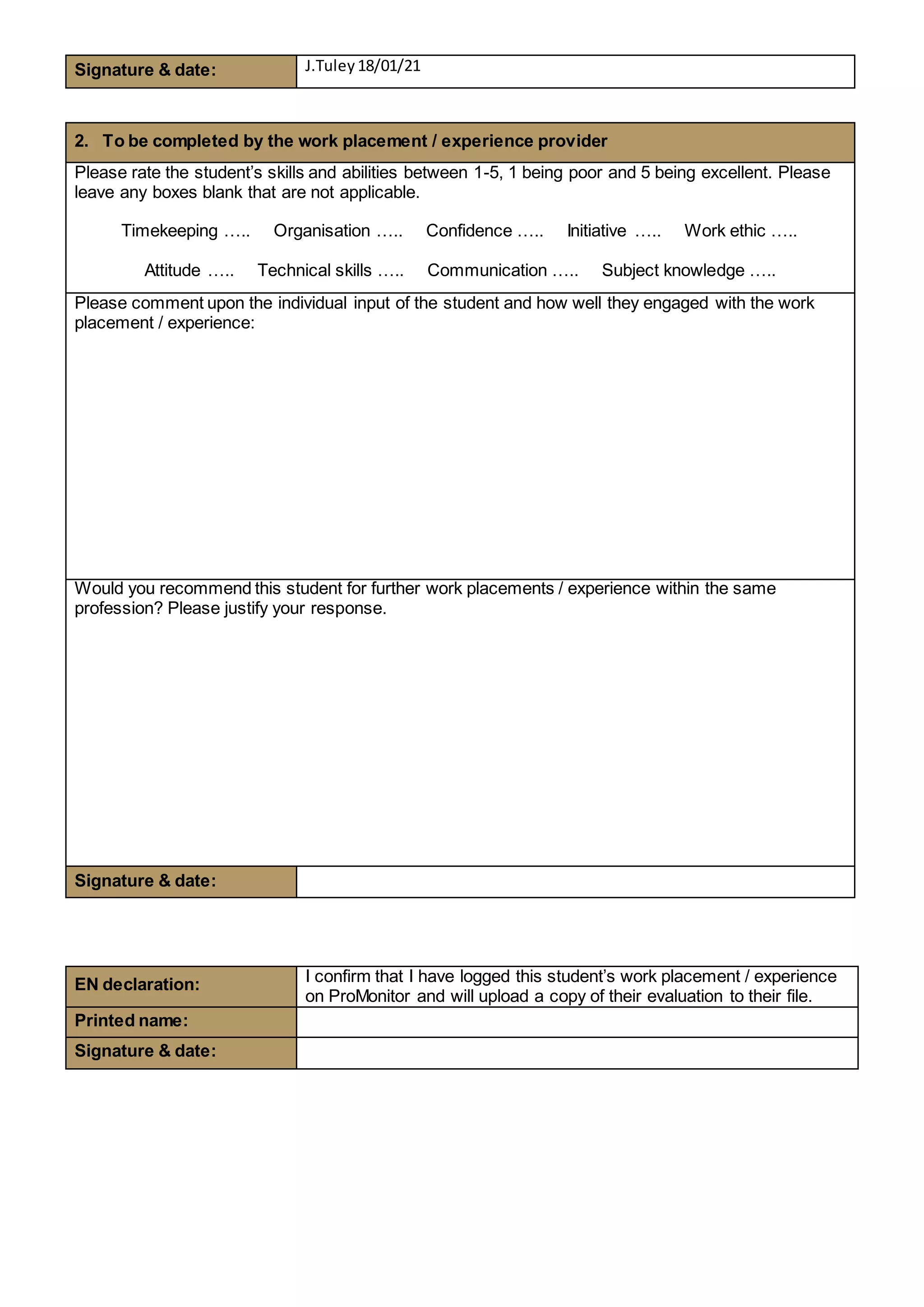 Work placement and experience evaluation and feedback form | DOCX