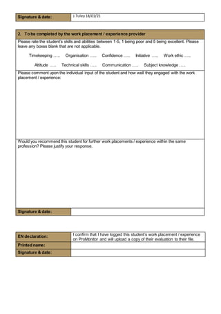 Work placement and experience evaluation and feedback form | DOCX