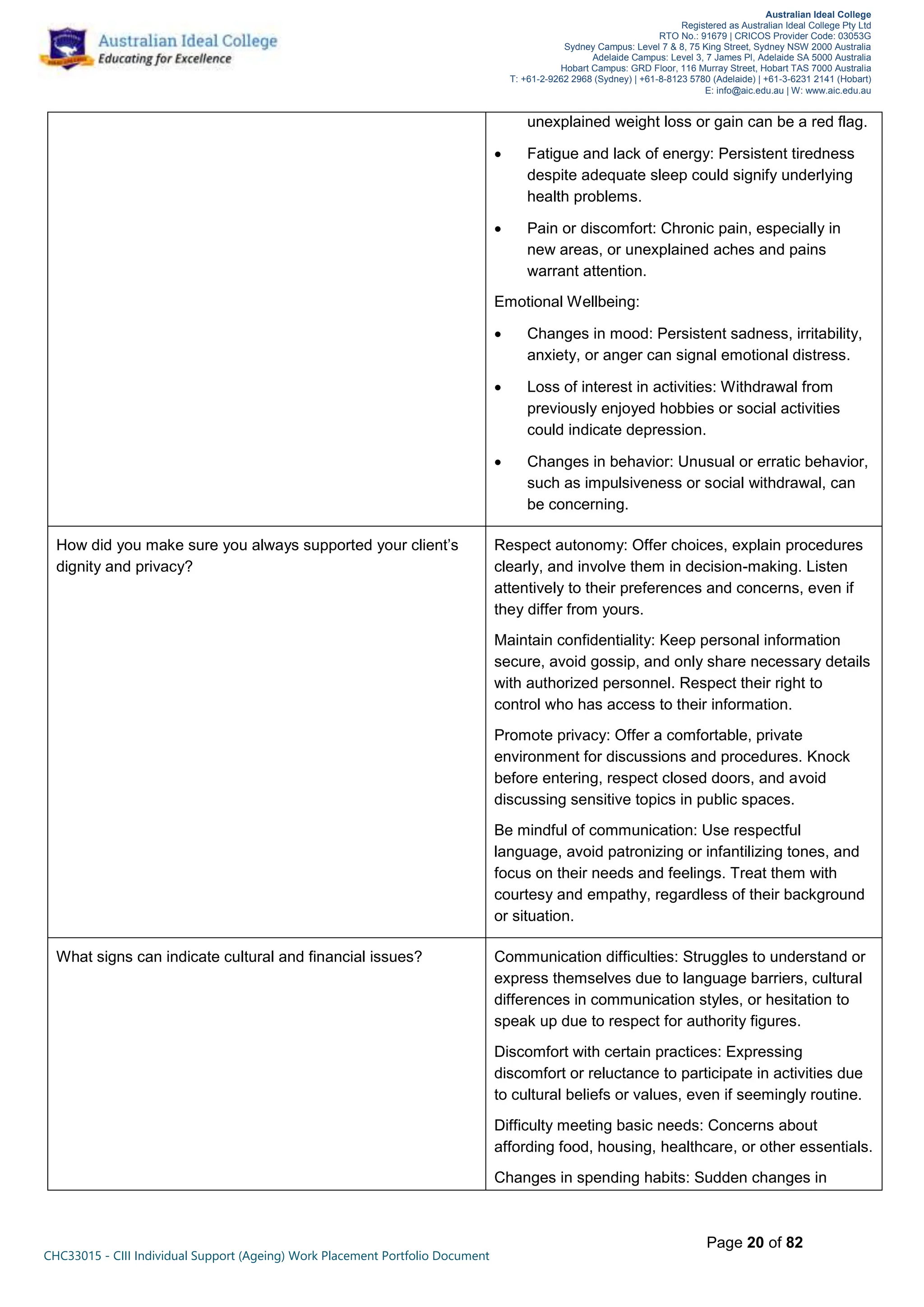 Work Placement Portfolio Booklet for CHC33015 CIII Individual Support ...