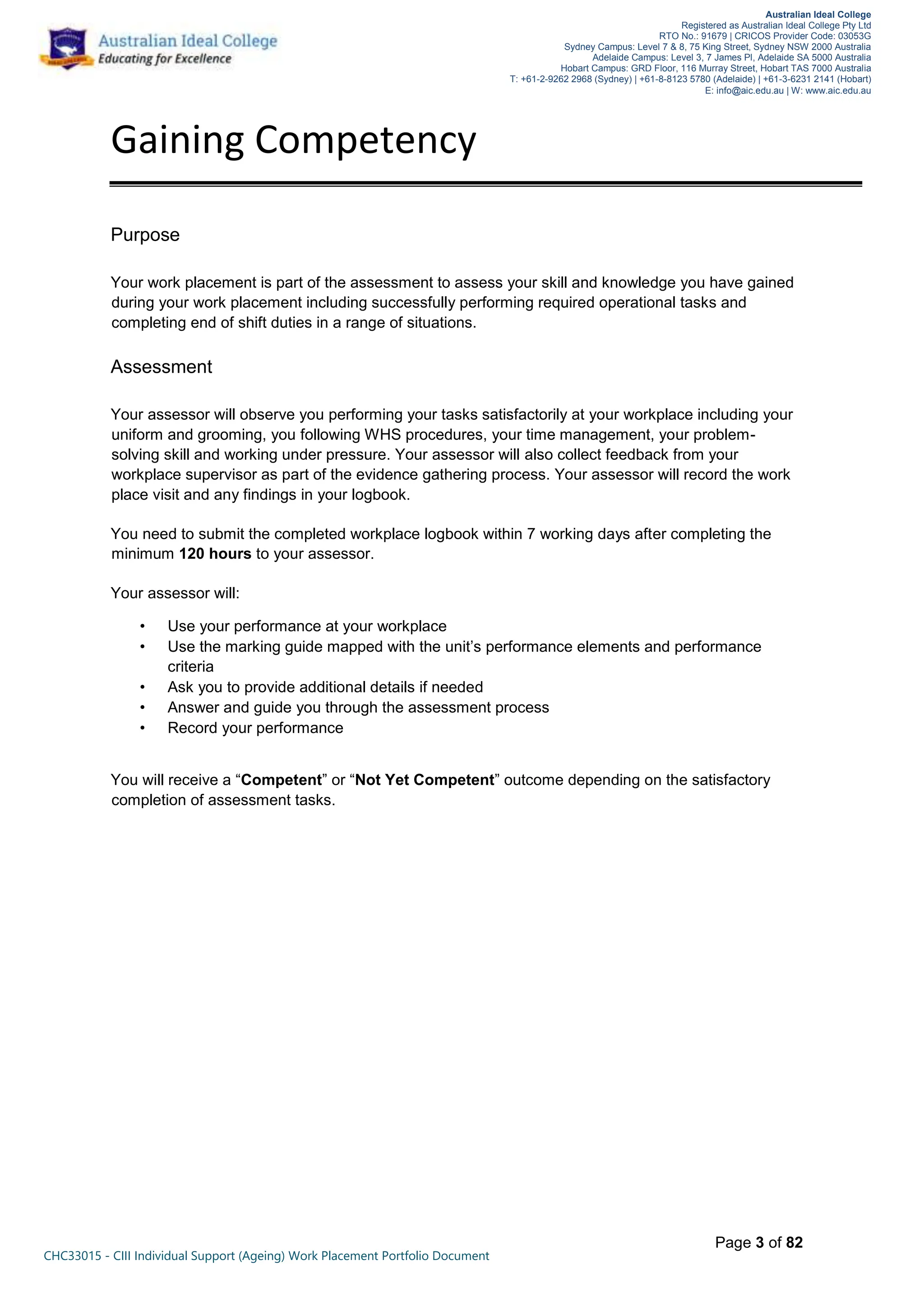 Work Placement Portfolio Booklet for CHC33015 CIII Individual Support ...