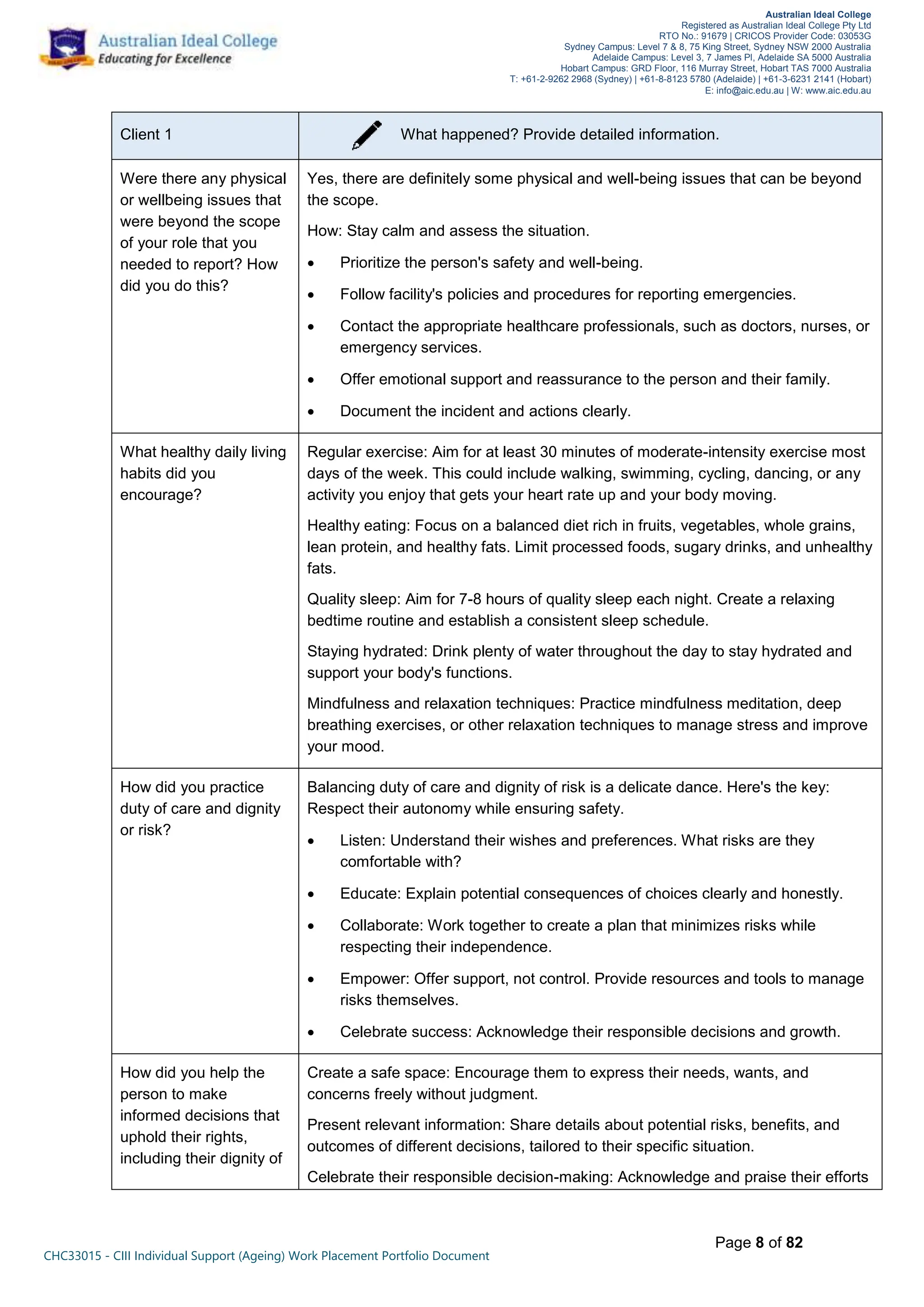 Work Placement Portfolio Booklet for CHC33015 CIII Individual Support ...