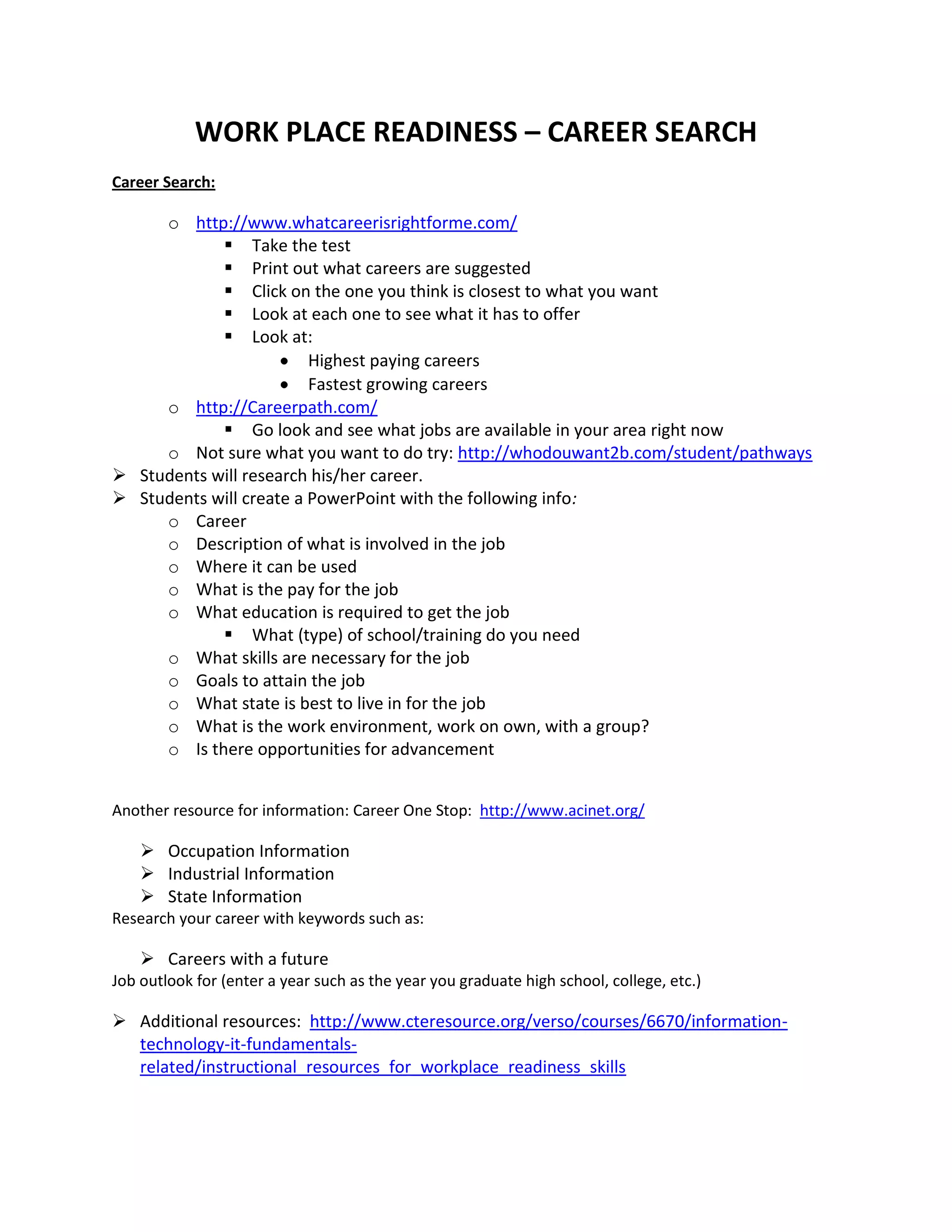 Work place readiness (student instructions) | DOCX | Resume Writing and ...