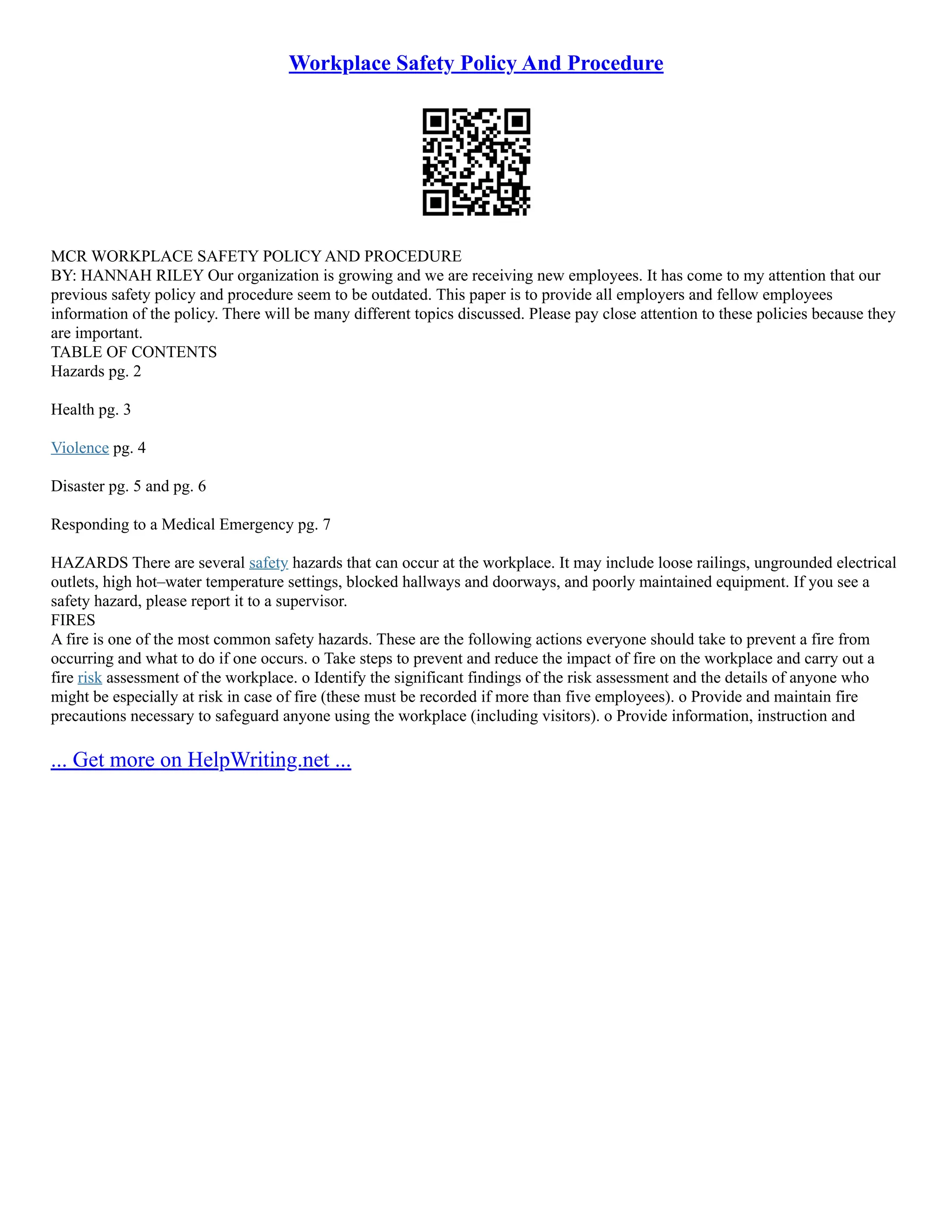 Workplace Safety Policy And Procedure | PDF