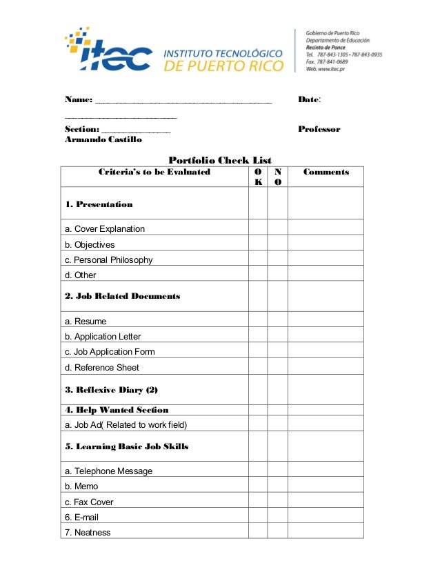 Work portfolio check list