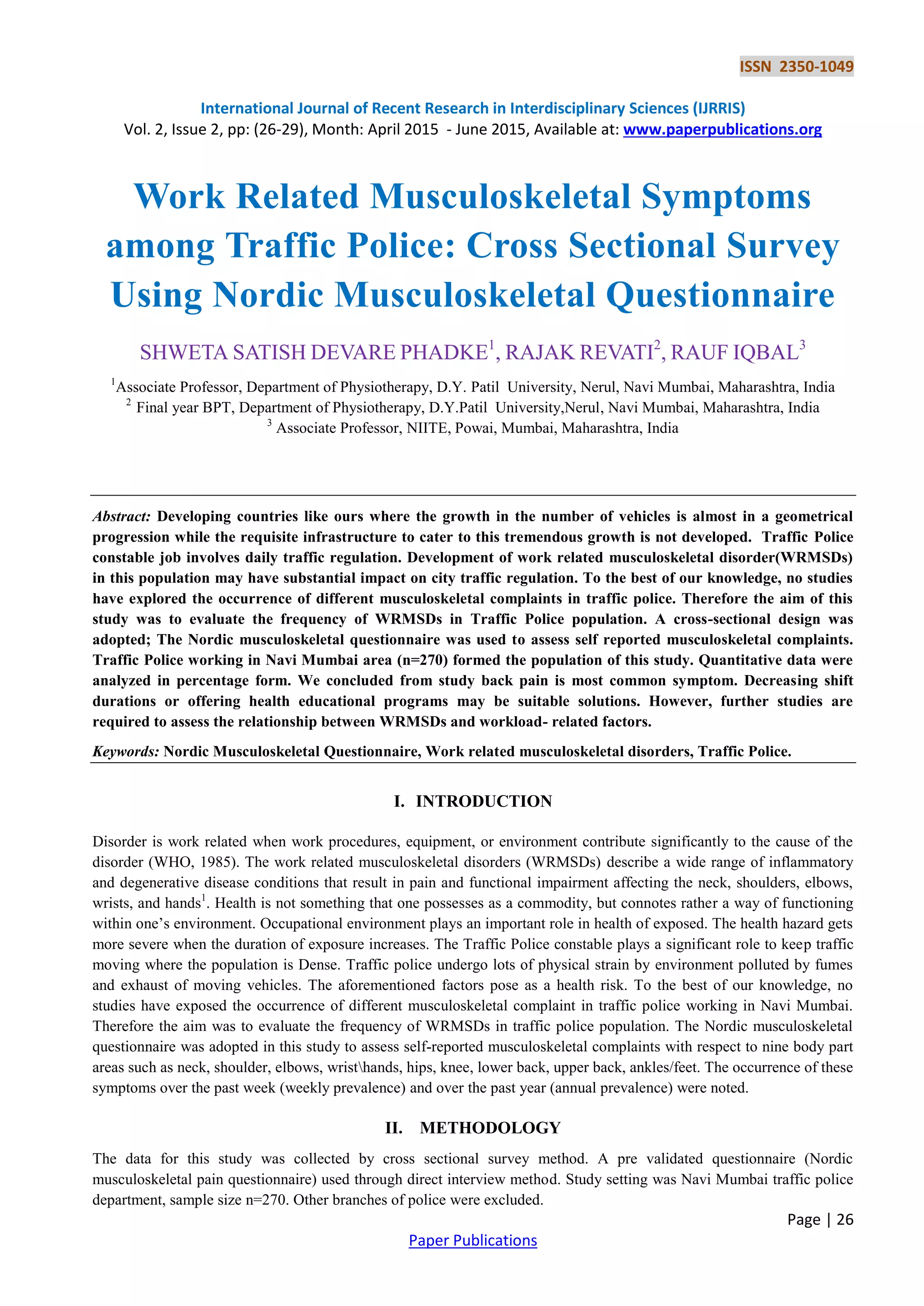 Work related musculoskeletal symptoms among Traffic Police: Cross ...