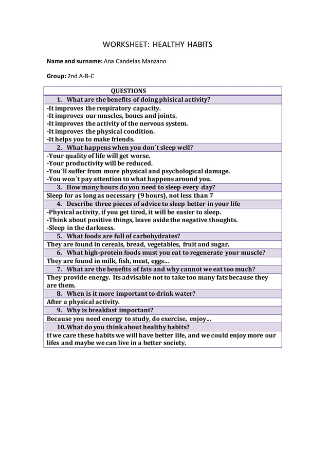 Worksheet about Healthy Habits | DOCX