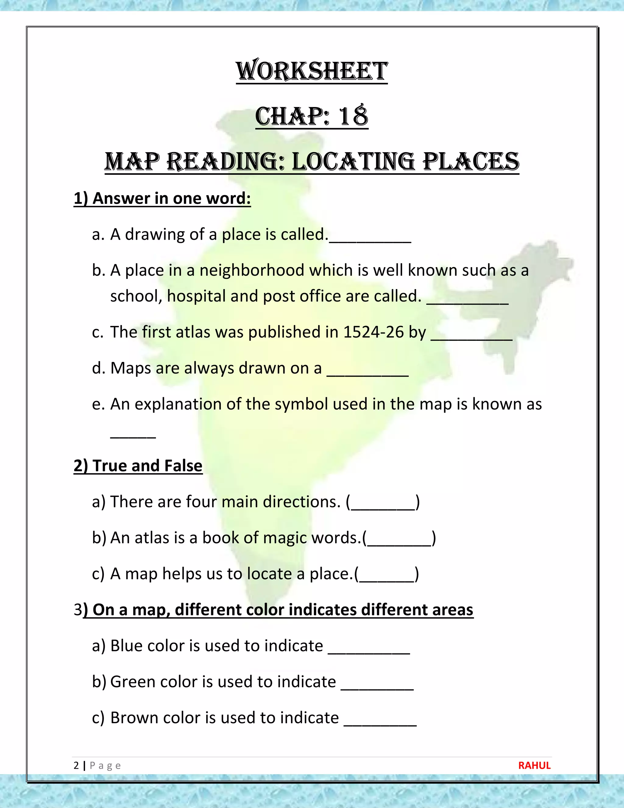 MAP READING LOCATING PLACES-Worksheet | PDF
