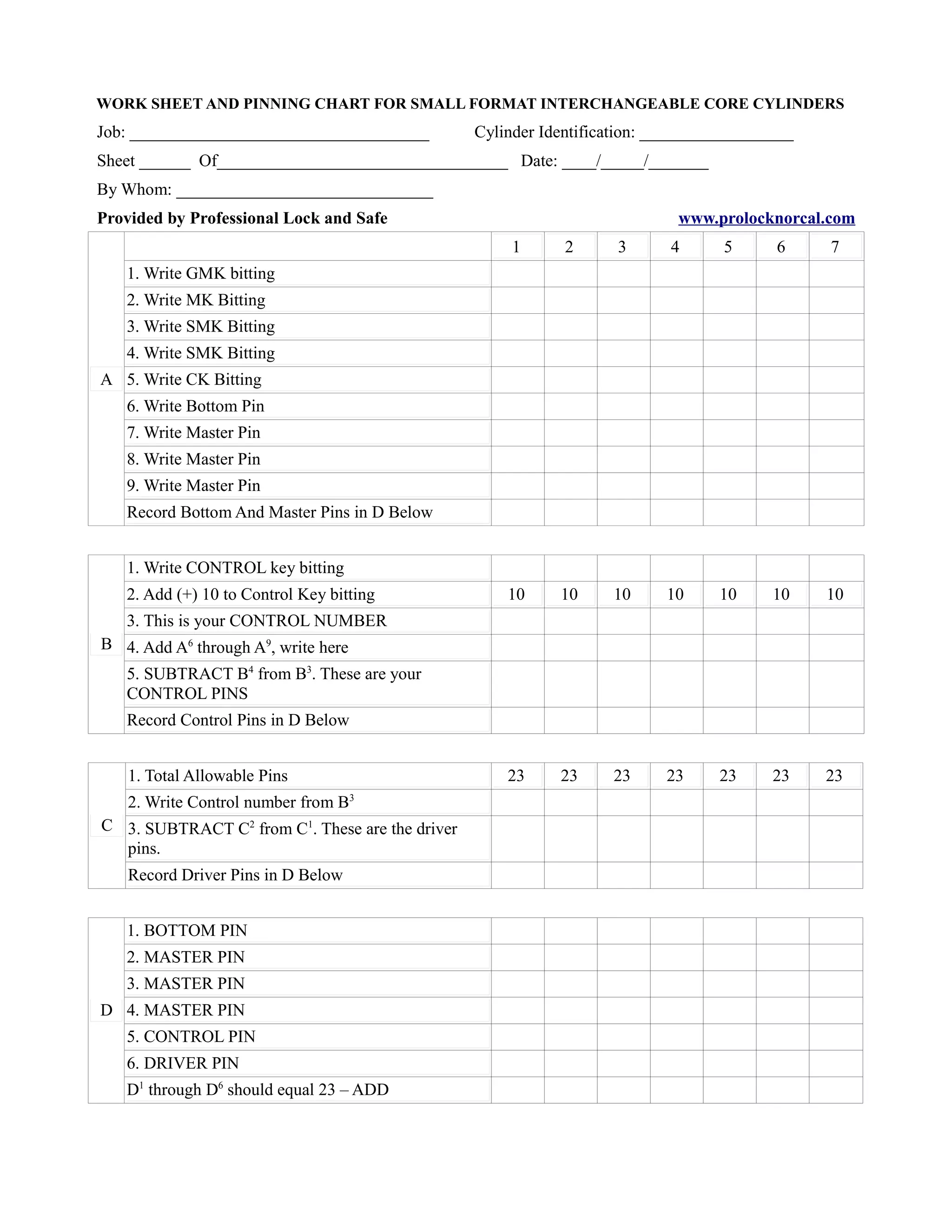 Small Format Interchangeable Core Cylinders Worksheet and Pinning Chart ...